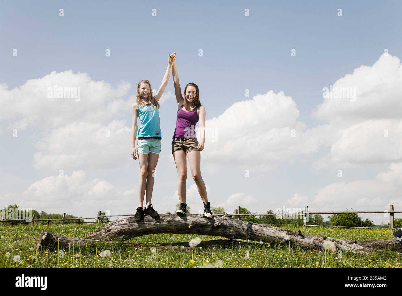 two girls standing on tree trunk raising arms together Stock Photo - Alamy