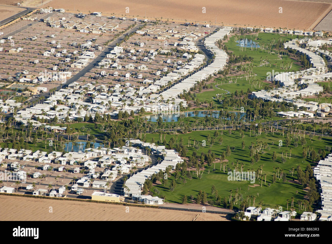 aerial view of a golf course surrounded by an RV campground in Arizona ...