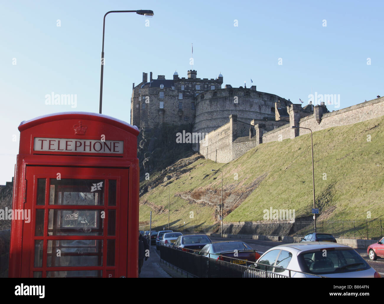 British red telephone box and Edinburgh castle Scotland January 2009 ...