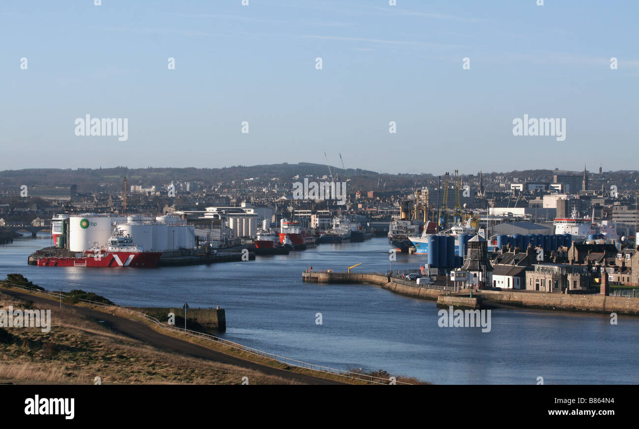 elevated view of entrance to Aberdeen Harbour Scotland January 2009 ...
