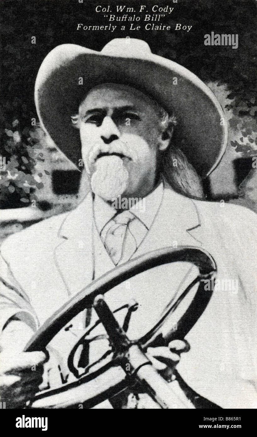 American postcard representing Buffalo Bill driving a car in 1912 Stock ...