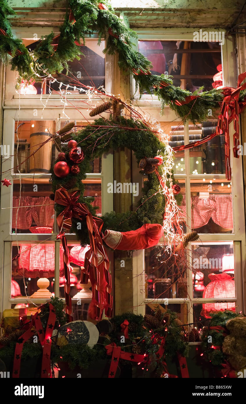 Decorated restaurant window at night, Christmas time, Strasbourg ...