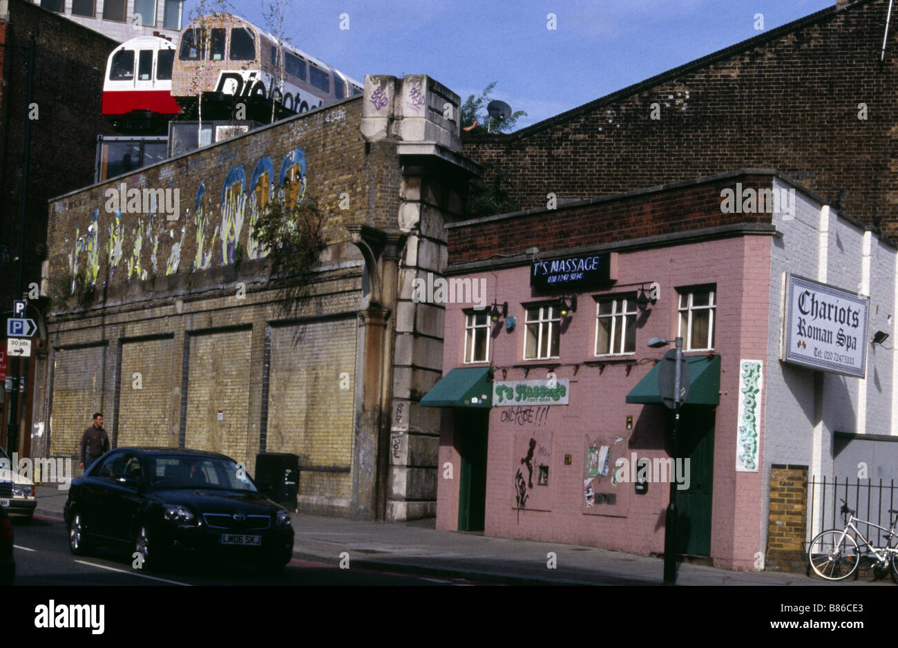Trains on a disused tube line Great Eastern Street, Shoreditch London ...