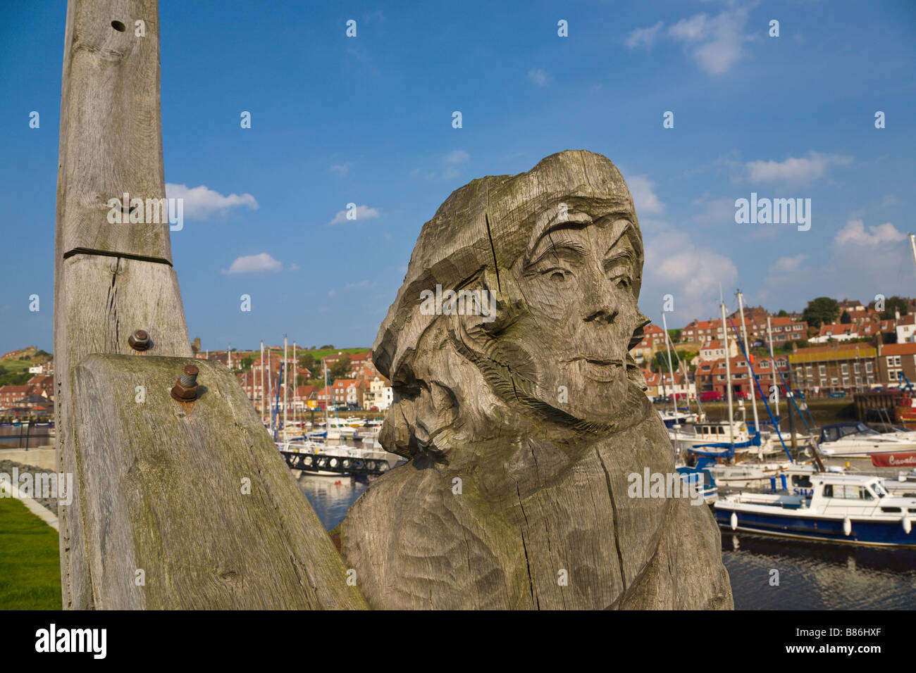 Wooden carved statue at harbour, Whitby, "North Yorkshire", England ...