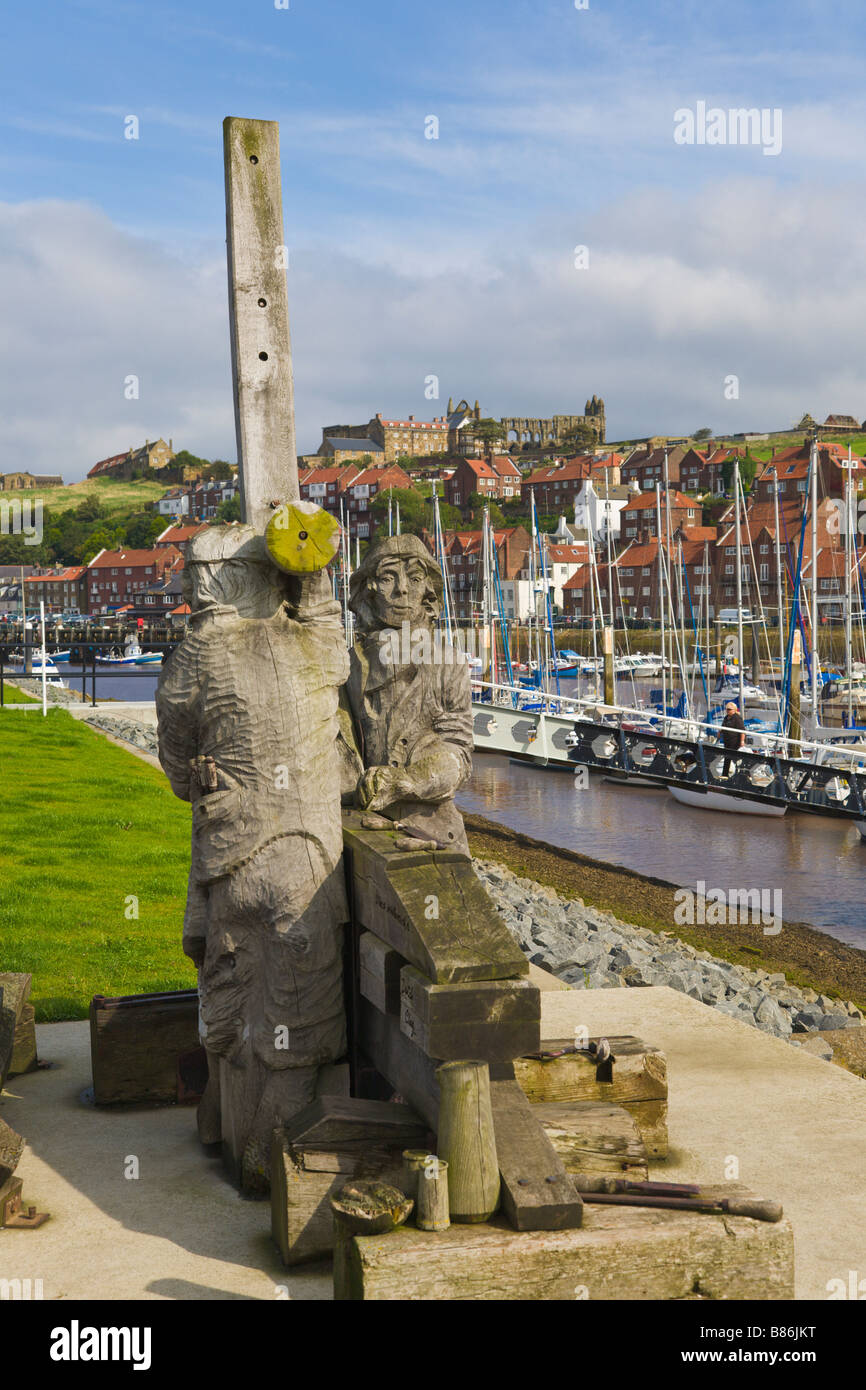 Wooden carved statues at harbour, Whitby, "North Yorkshire", England ...