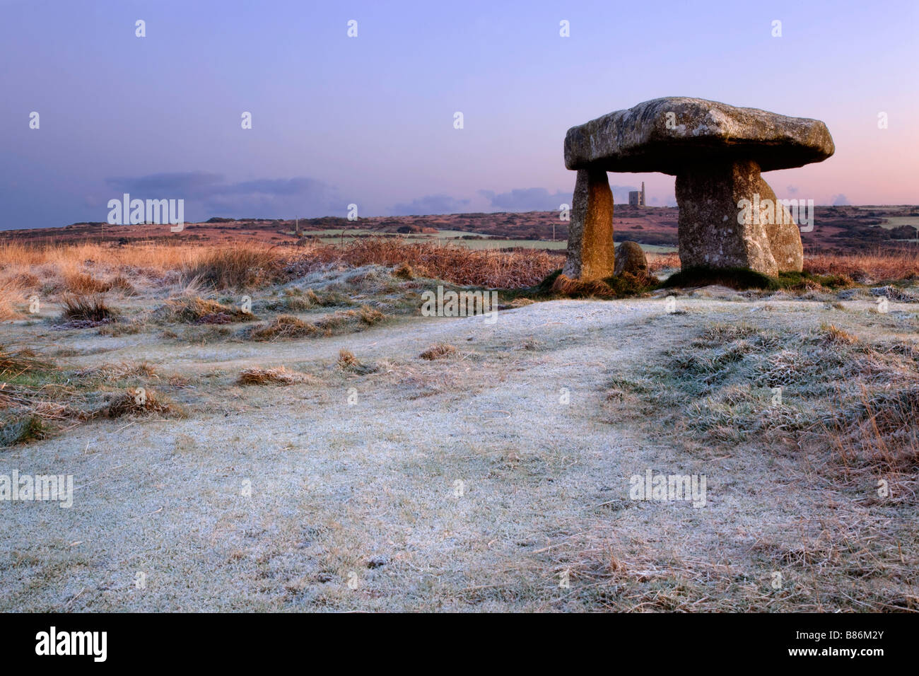 lanyon quoit in frost ding dong mine in background cornwall Stock Photo ...