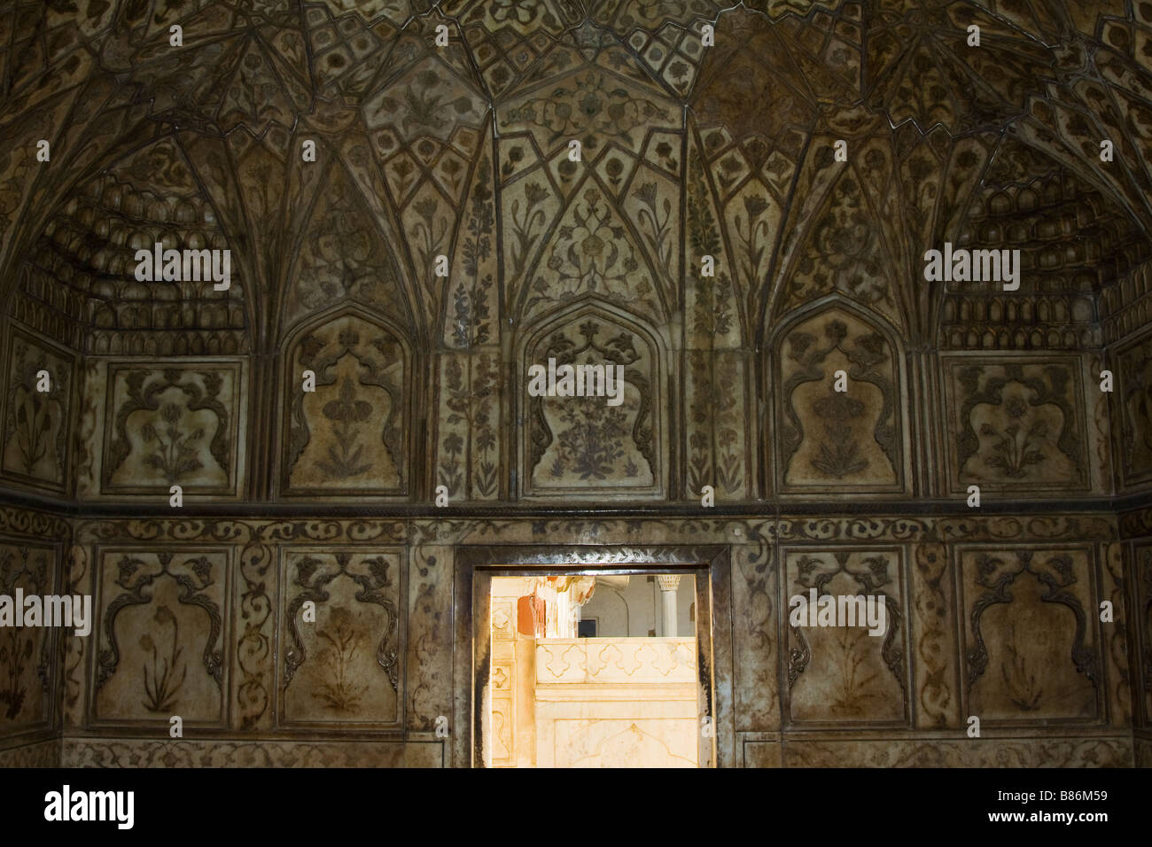 Detail of the sculptured ceiling of the Khas Mahal Marble Pavillon Red ...