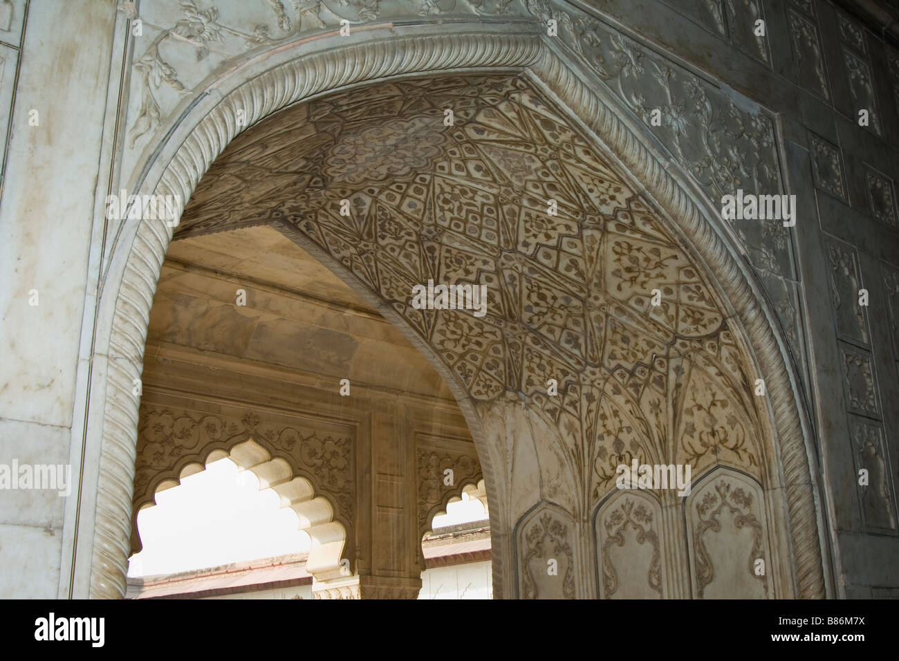 Detail of the sculptured ceiling of the Khas Mahal Marble Pavillon Red ...