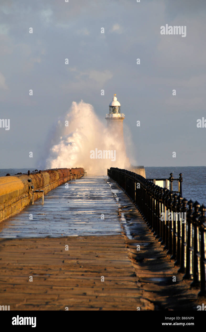 tynemouth pier tyne river mouth waves stormy sea seaside northumberland ...