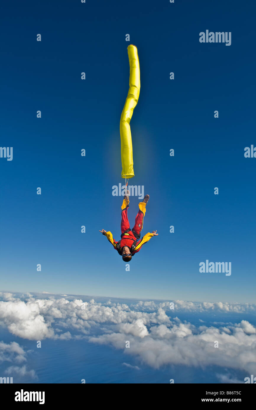 Skydive tube jump over Oahu, Hawaii, USA. Man is tracking in freefly ...