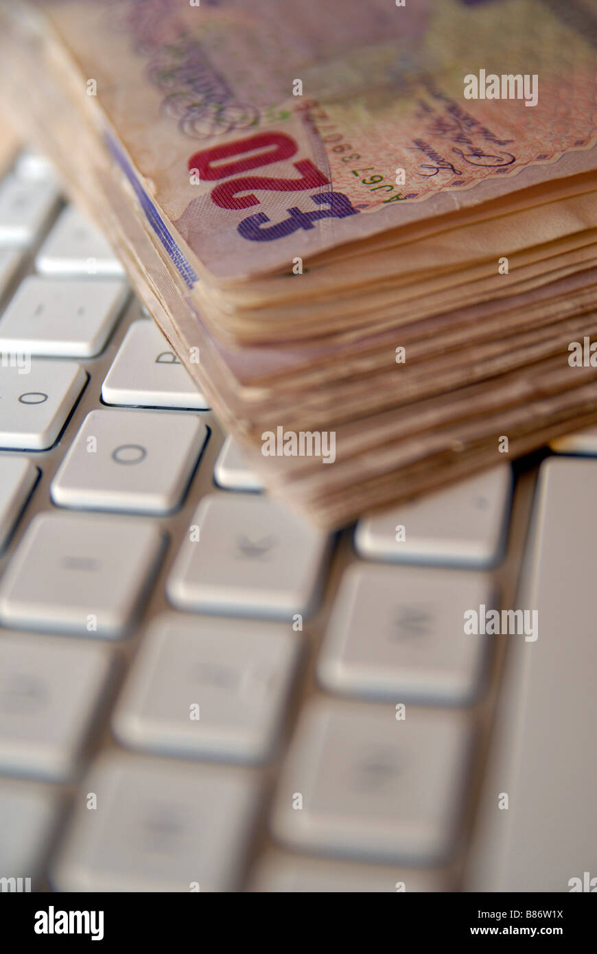 A stack / pile of used £20 Stirling bank notes, used notes ( currency ...