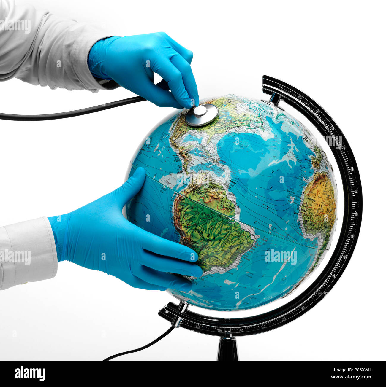 Doctor examine with stetoscope the ill Earth Stock Photo - Alamy