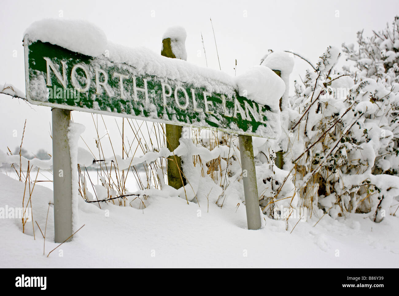 A snow covered road sign 'North Pole Lane' in Keston, Greater London ...