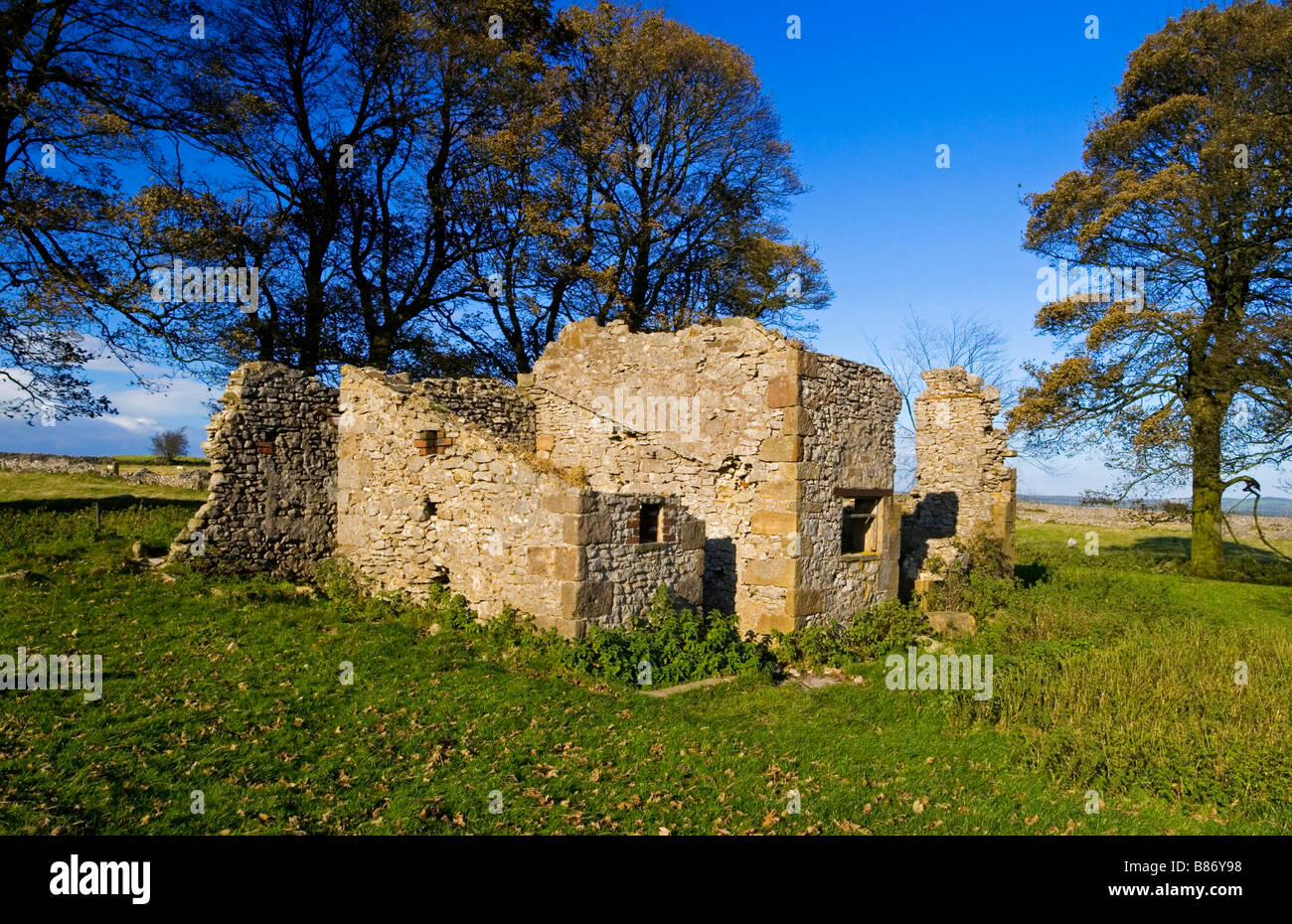 Abandoned farm building and trees on Middleton Moor near Wirksworth in ...