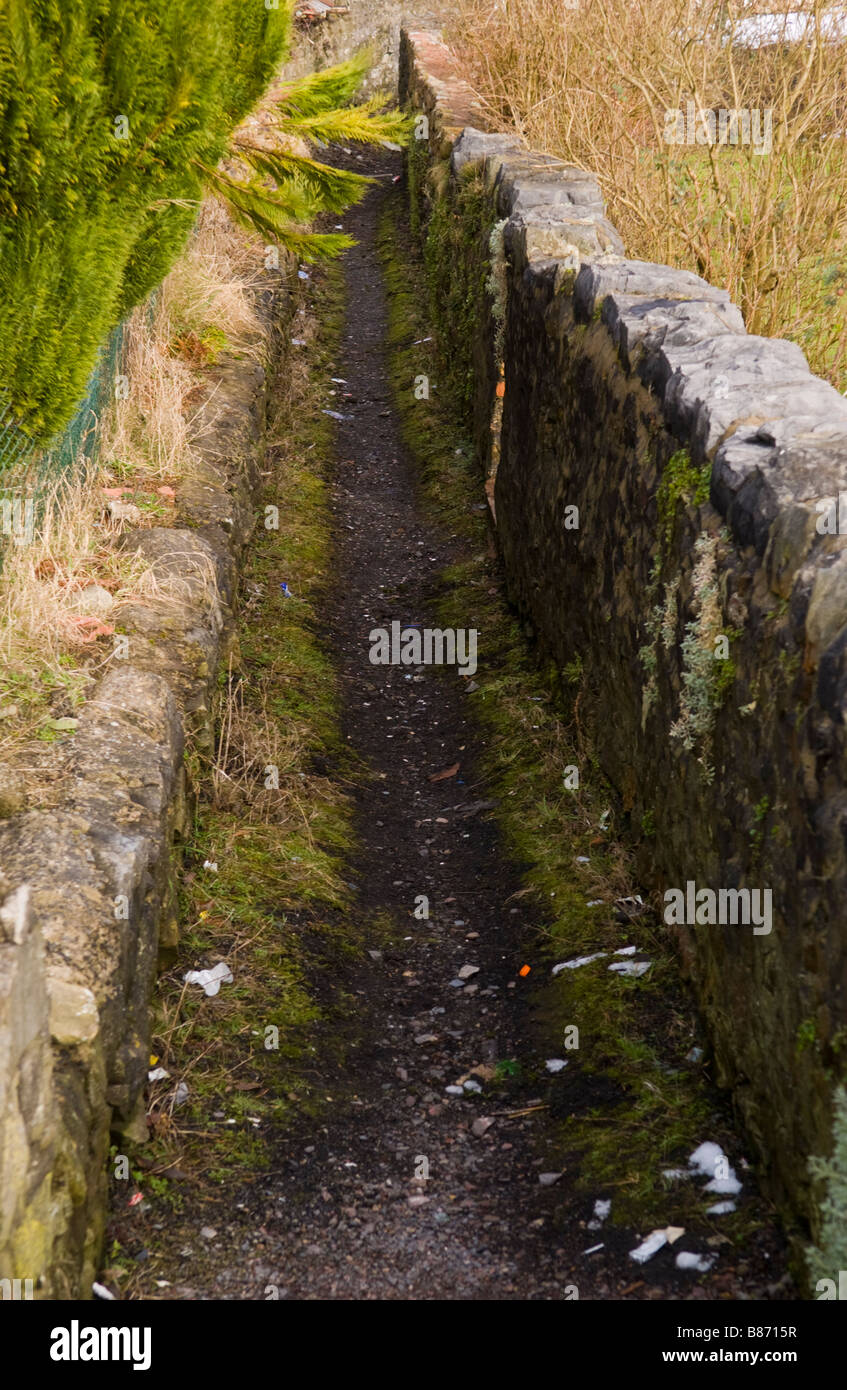 Back lane with stone walls between houses in Hirwaun South Wales UK ...