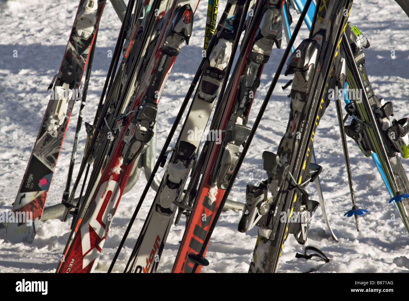 Skis leaned up on a rack at the top of the slope at Vail Colorado Stock ...