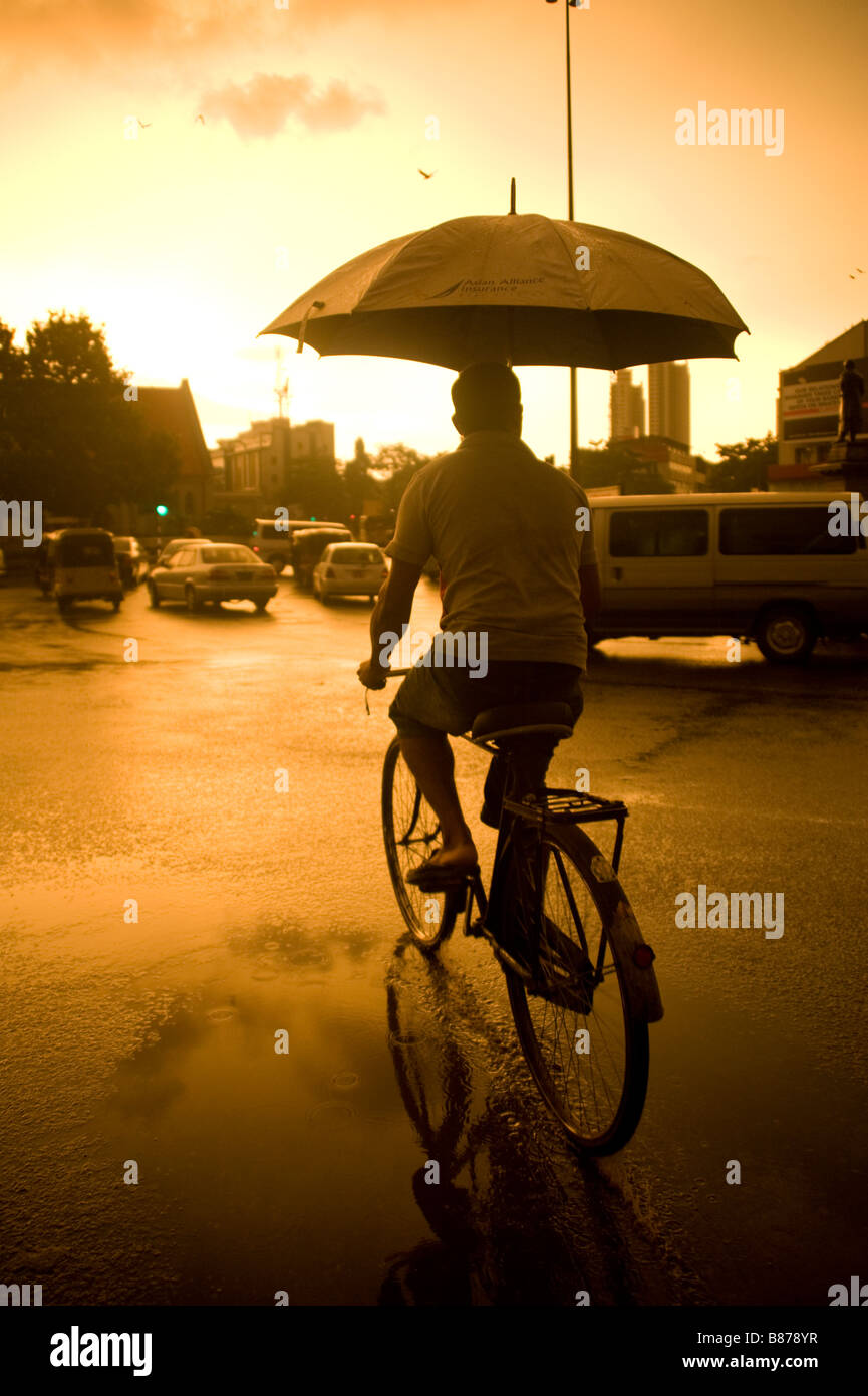 Man on push bike rides with umbrella in rain Colombo Sri Lanka 3697 ...