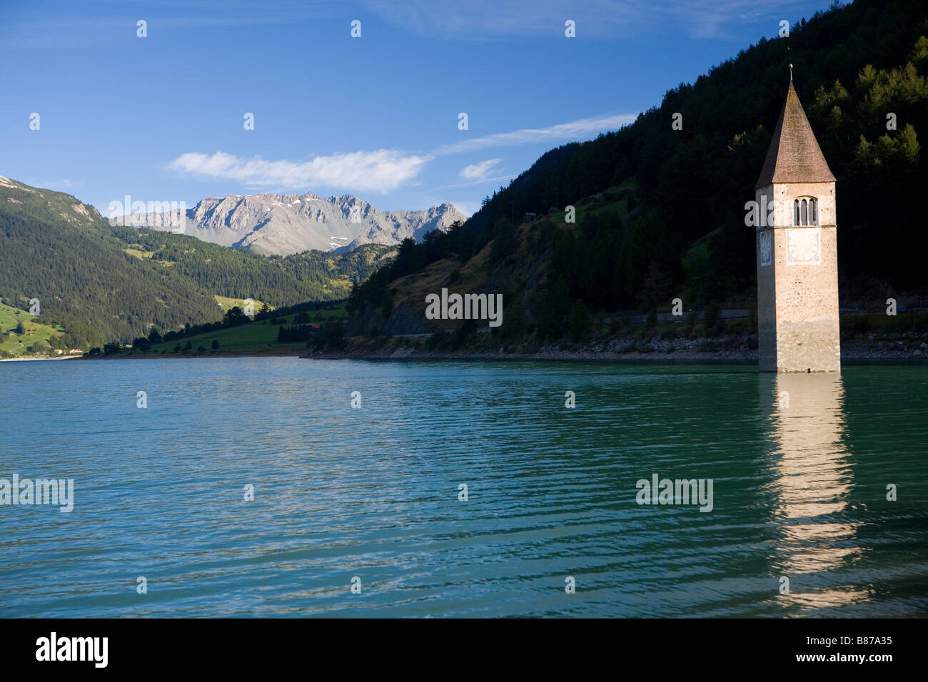 14th century Romanesque tower in Lago di Rescia (Reschensee Stock Photo ...