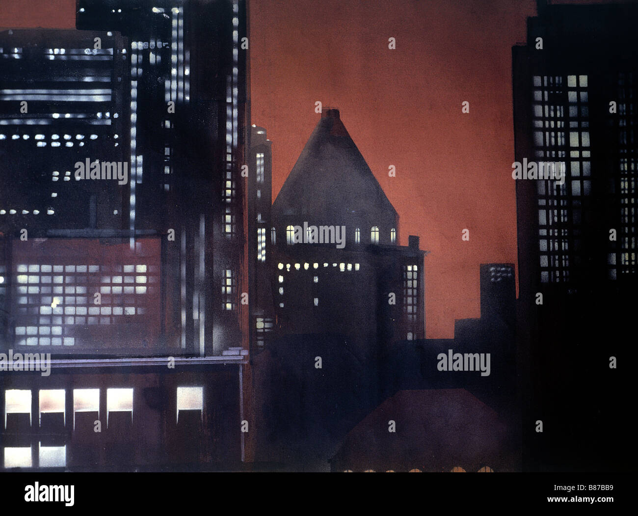 Painted backdrop. Night view over buildings Stock Photo - Alamy