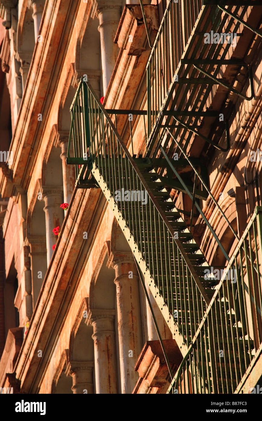 Fire escape windows and geraniums SoHo Manhattan New York NY Stock ...
