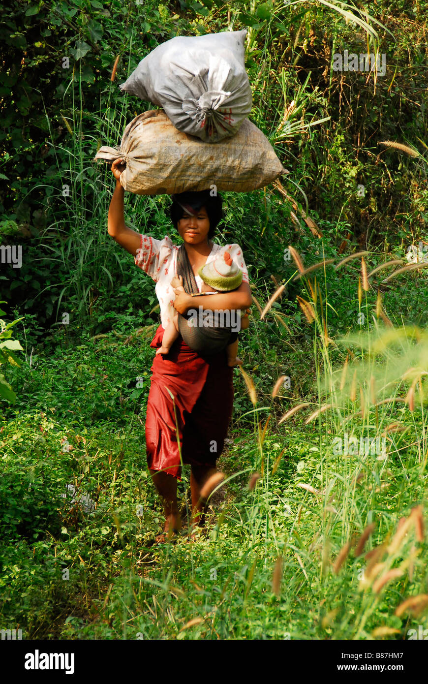 Burmese woman carrying two sacks of grass on her head and her hand ...