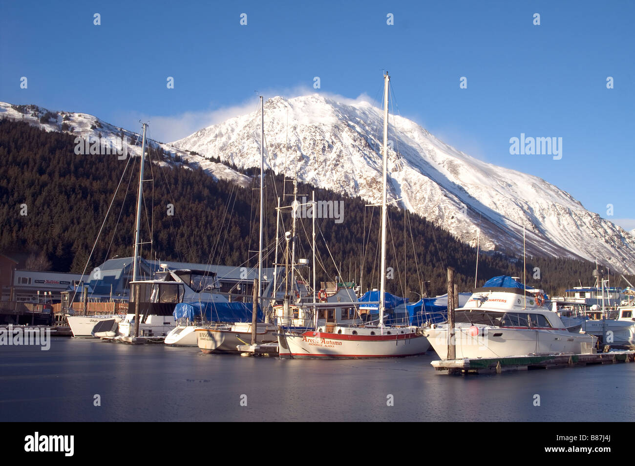 Seward Alaska Resurrection bay dock marina boats water Mountains Stock ...