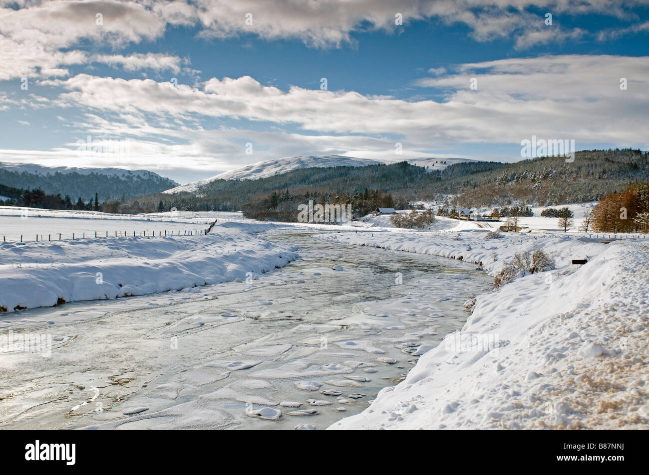 The River Findhorn in winter snows at Coignafearn Strath Dearn ...