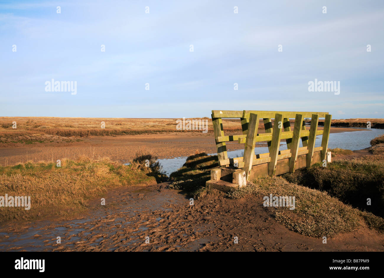 Wooden pedestrian bridge over small deep creek on salt marshes at ...