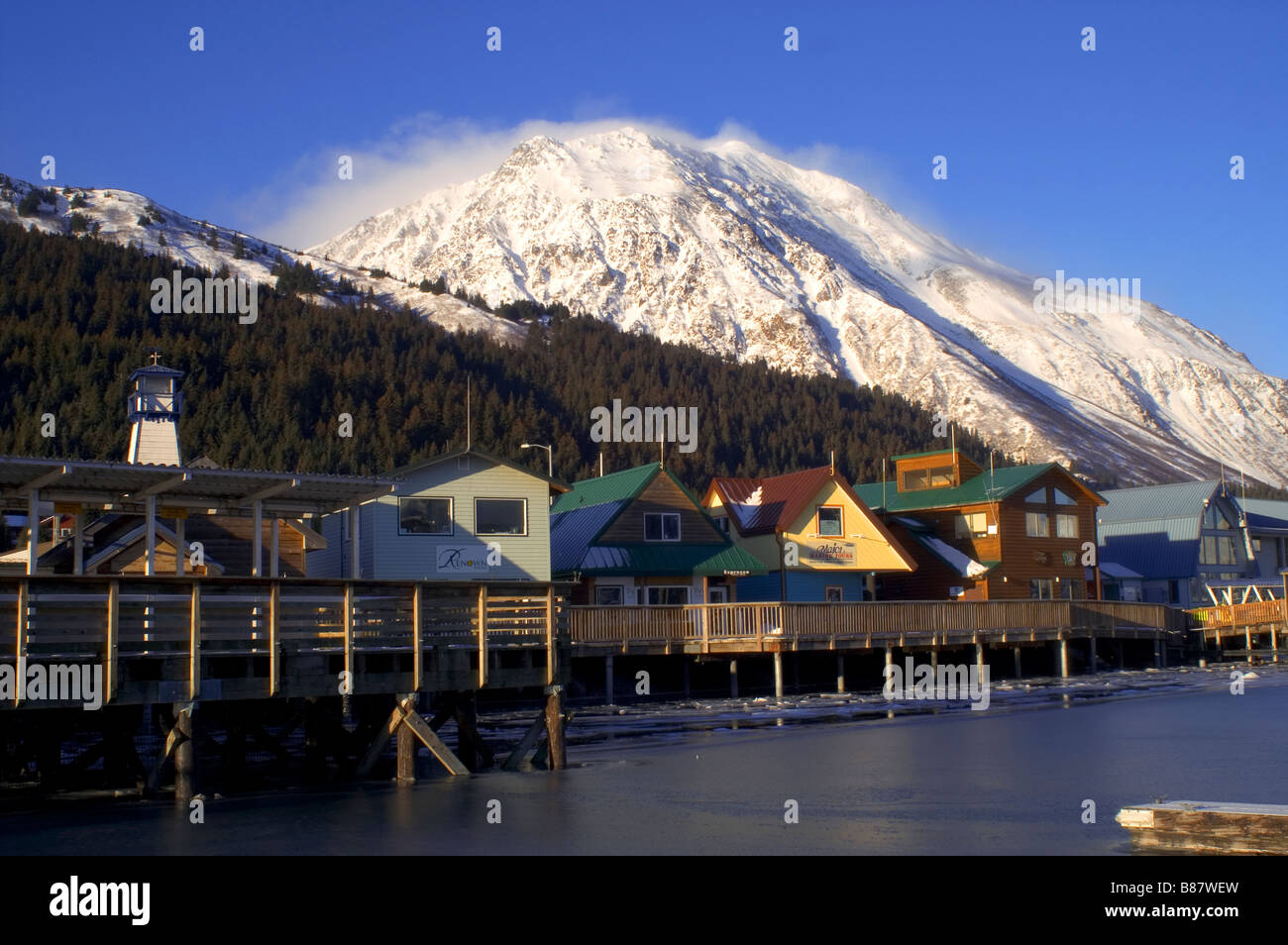 Seward Alaska Resurrection bay Waterfront boardwalk dock marina water ...
