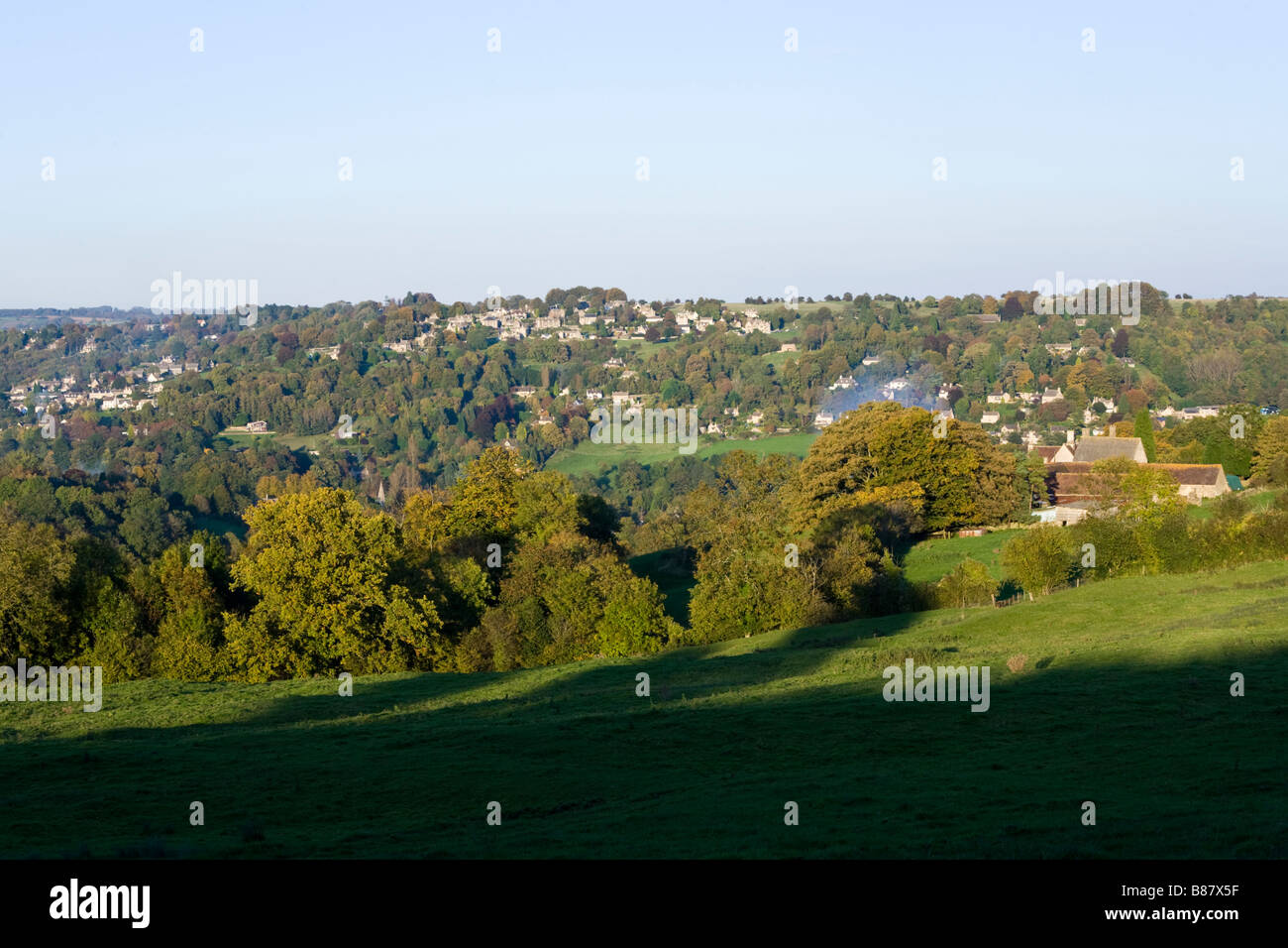 The Cotswold village of Amberley, Gloucestershire - viewed across the ...