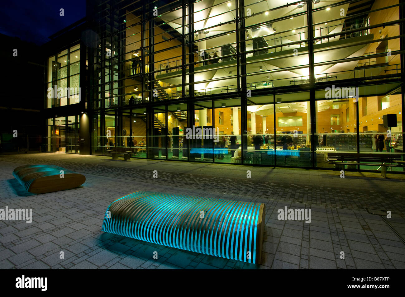 Exterior of Jubilee library Brighton at night showing illuminated ...