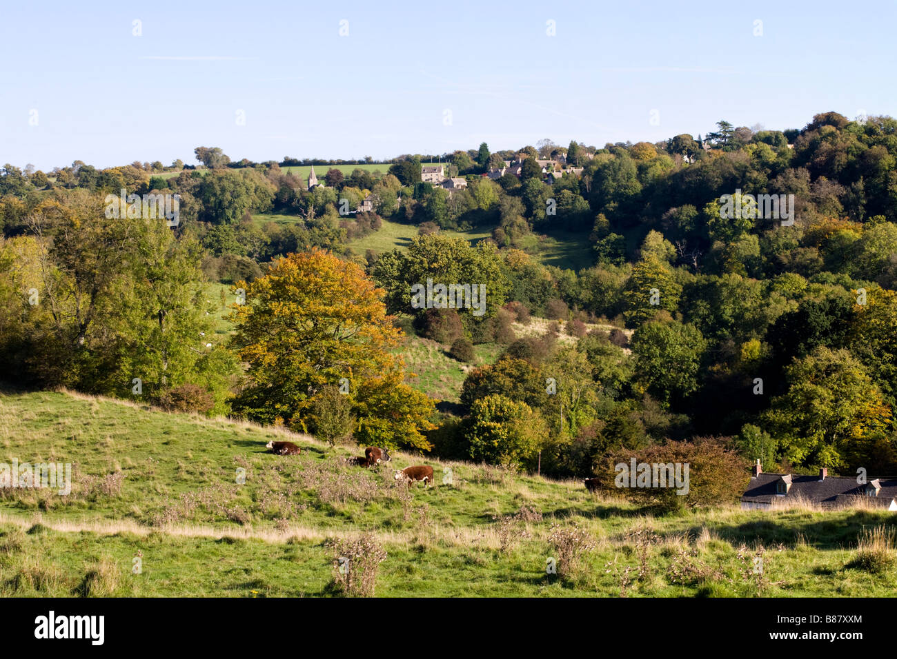 The Cotswold village of Sapperton, Gloucestershire - viewed from across ...