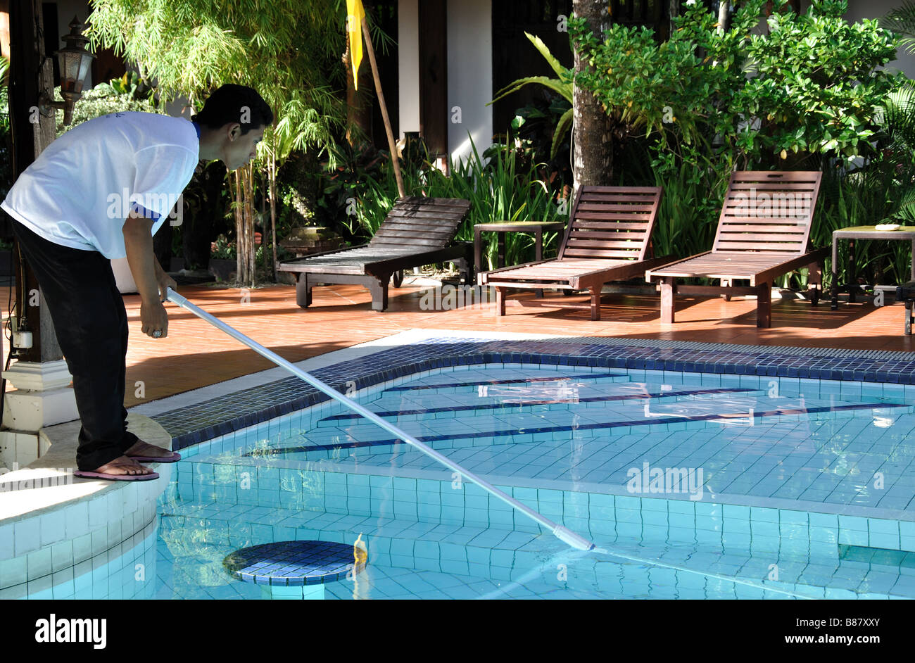 A man cleaning the swimming pool Stock Photo - Alamy
