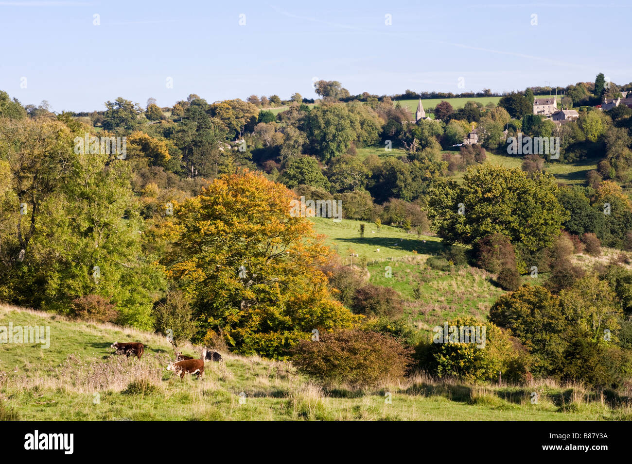 The Cotswold village of Sapperton, Gloucestershire - viewed from across ...