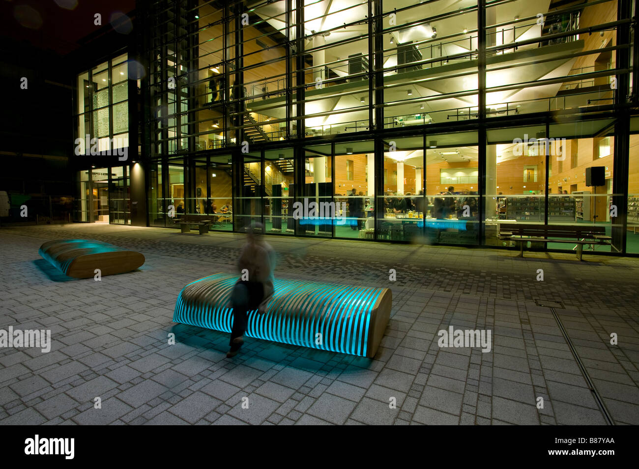 Exterior of Jubilee library Brighton at night showing illuminated ...