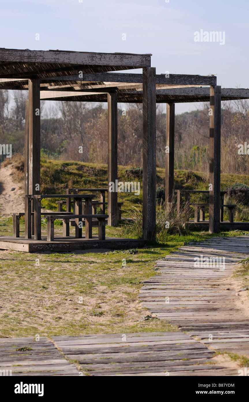 Wooden structures for picnic. Recreation area near the beaches. El ...