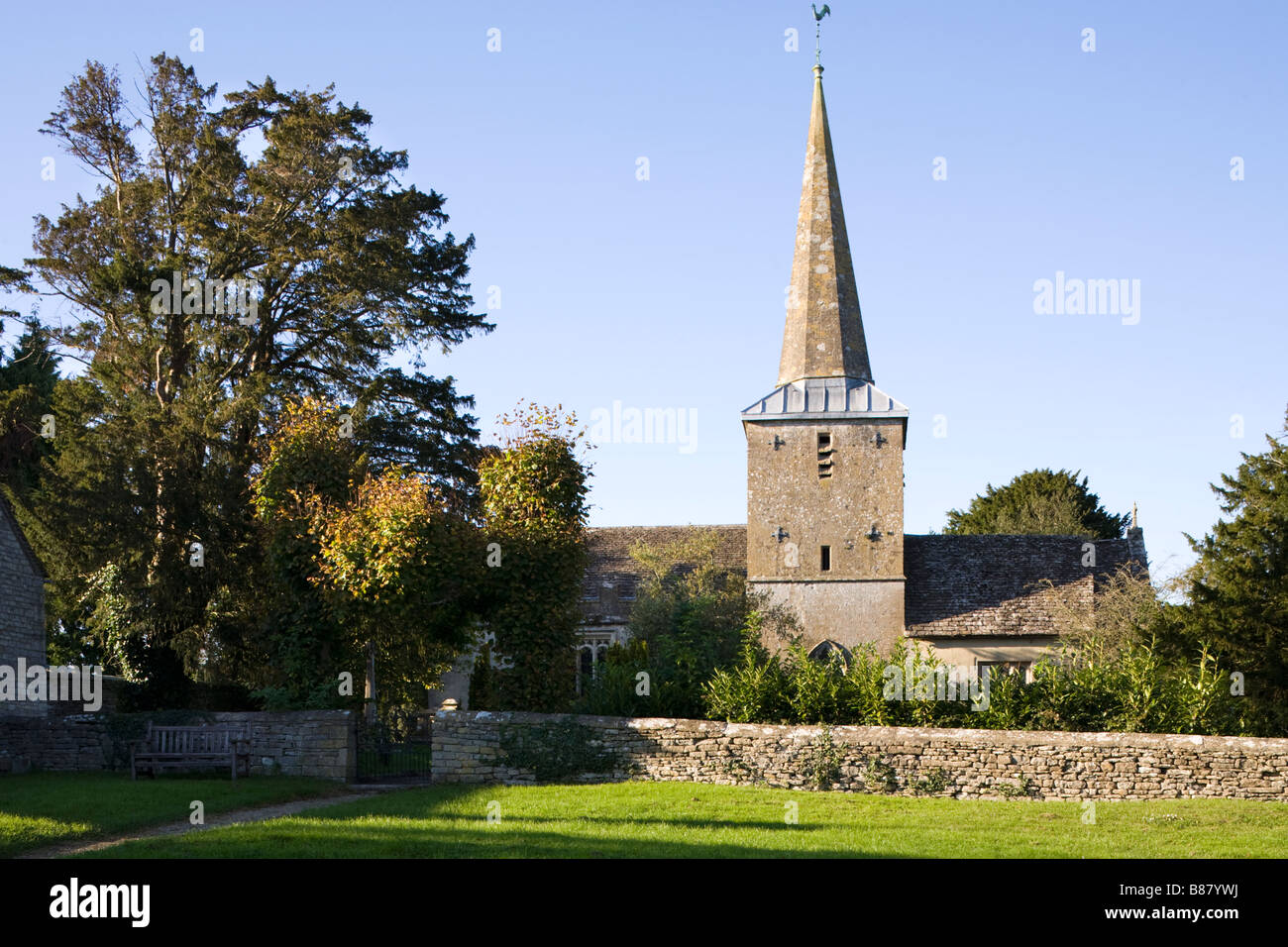 Evening light on St Peters church in the Cotswold village of Rodmarton ...