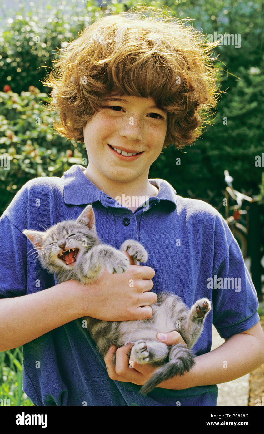 Boy holding domestic cat kitten in arms Stock Photo - Alamy