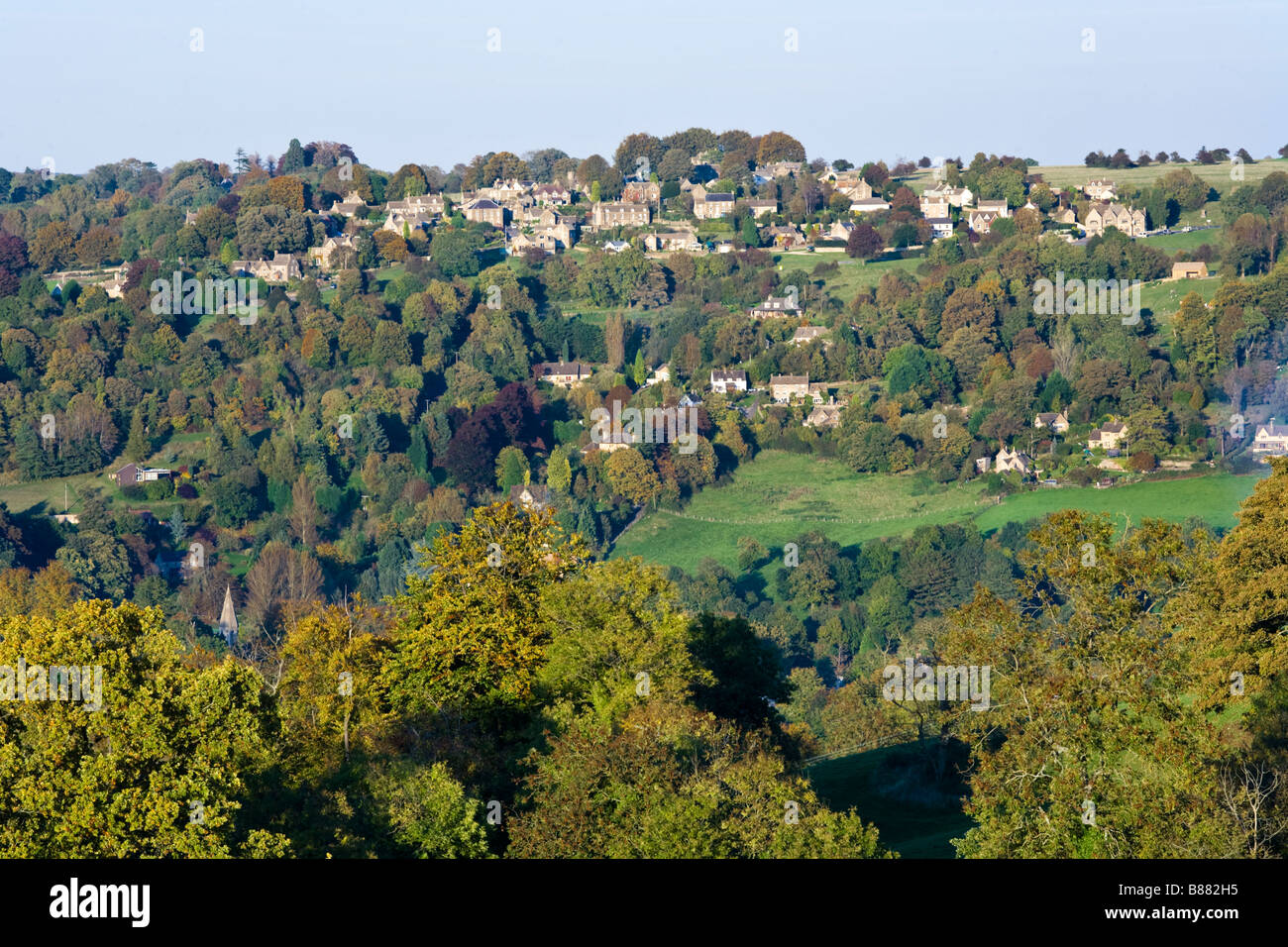 The Cotswold village of Amberley, Gloucestershire - viewed across the ...