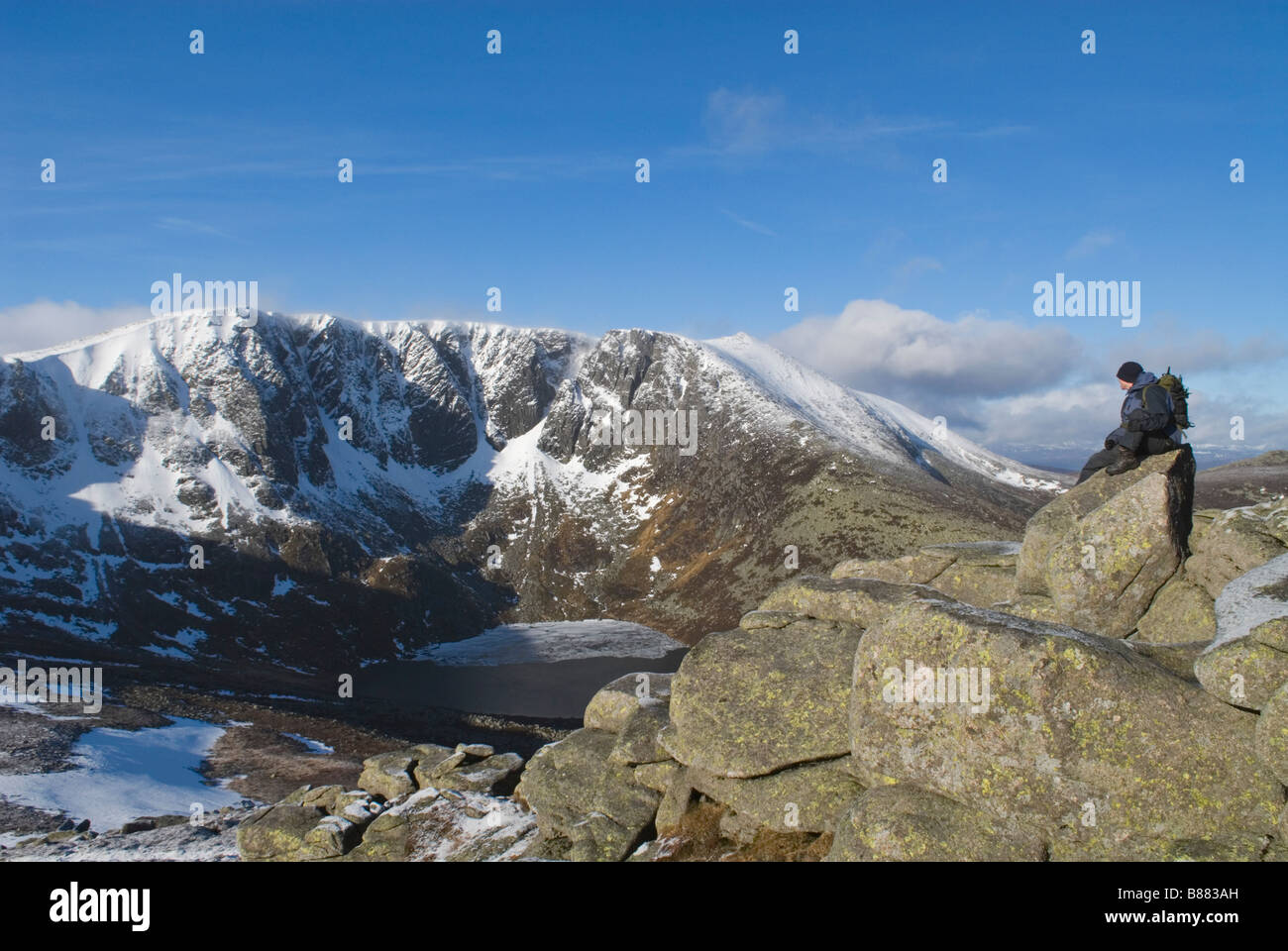 Hill walker looking across to the Loch Corrie and snow covered summit ...