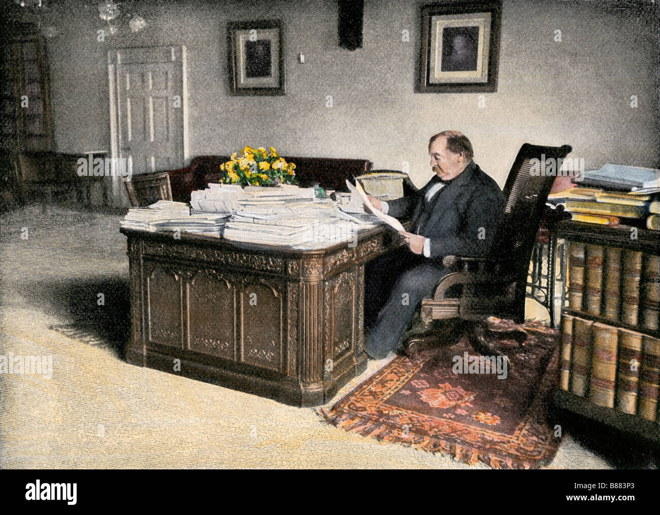 President Grover Cleveland at his desk in the White House. Hand-colored ...