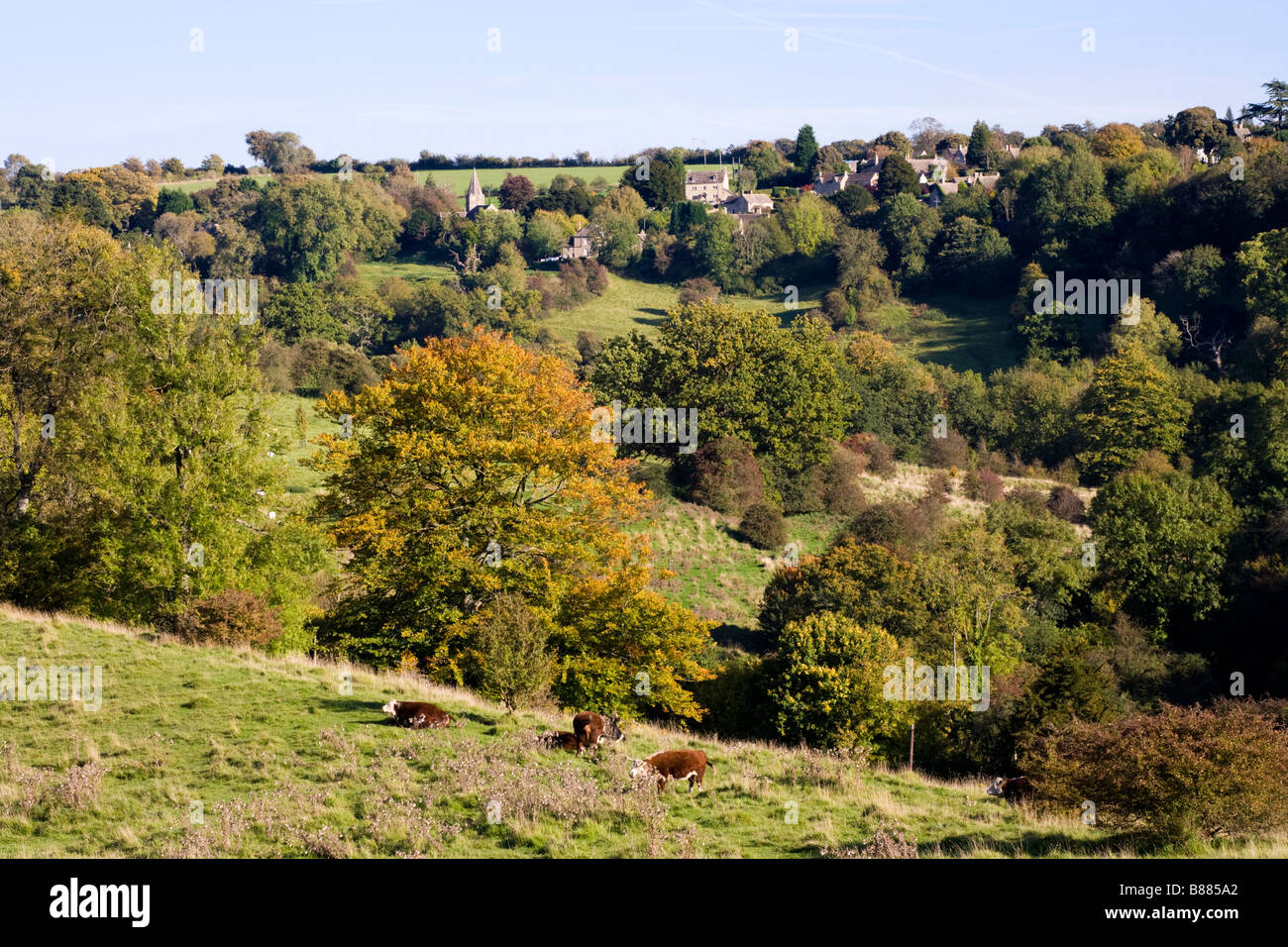 The Cotswold village of Sapperton, Gloucestershire - viewed from across ...
