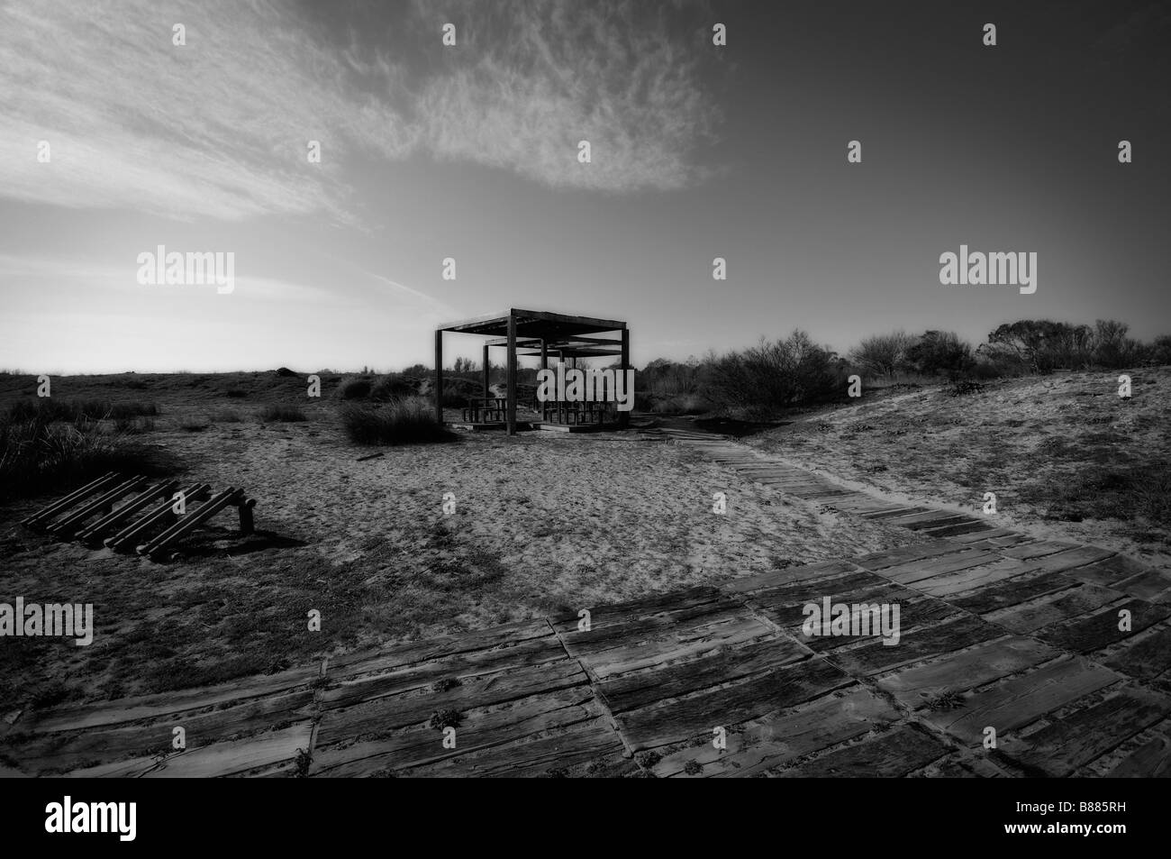 Wooden structures for picnic. Recreation area near the beaches. El ...