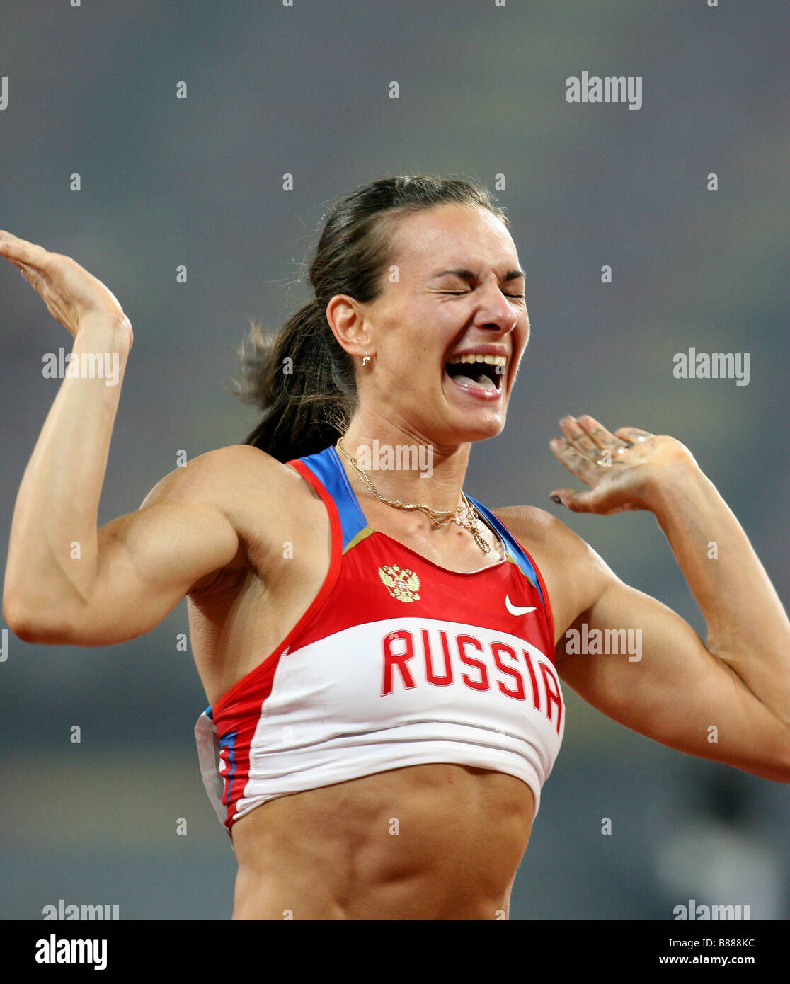 Yelena Isinbayeva competing in the Beijing 2008 Olympic Games Stock ...