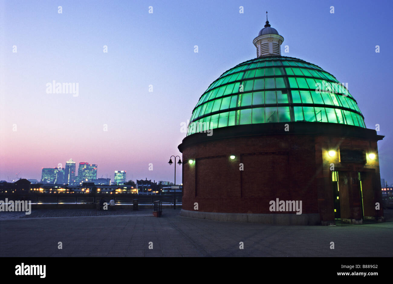 Entrance to the tunnel under the river Thames with Isle of Dogs office ...