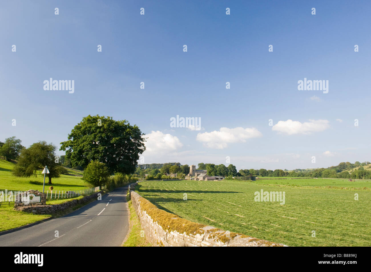 A blue sky over Slaidburn in the Hodder Valley of rural Lancashire in ...