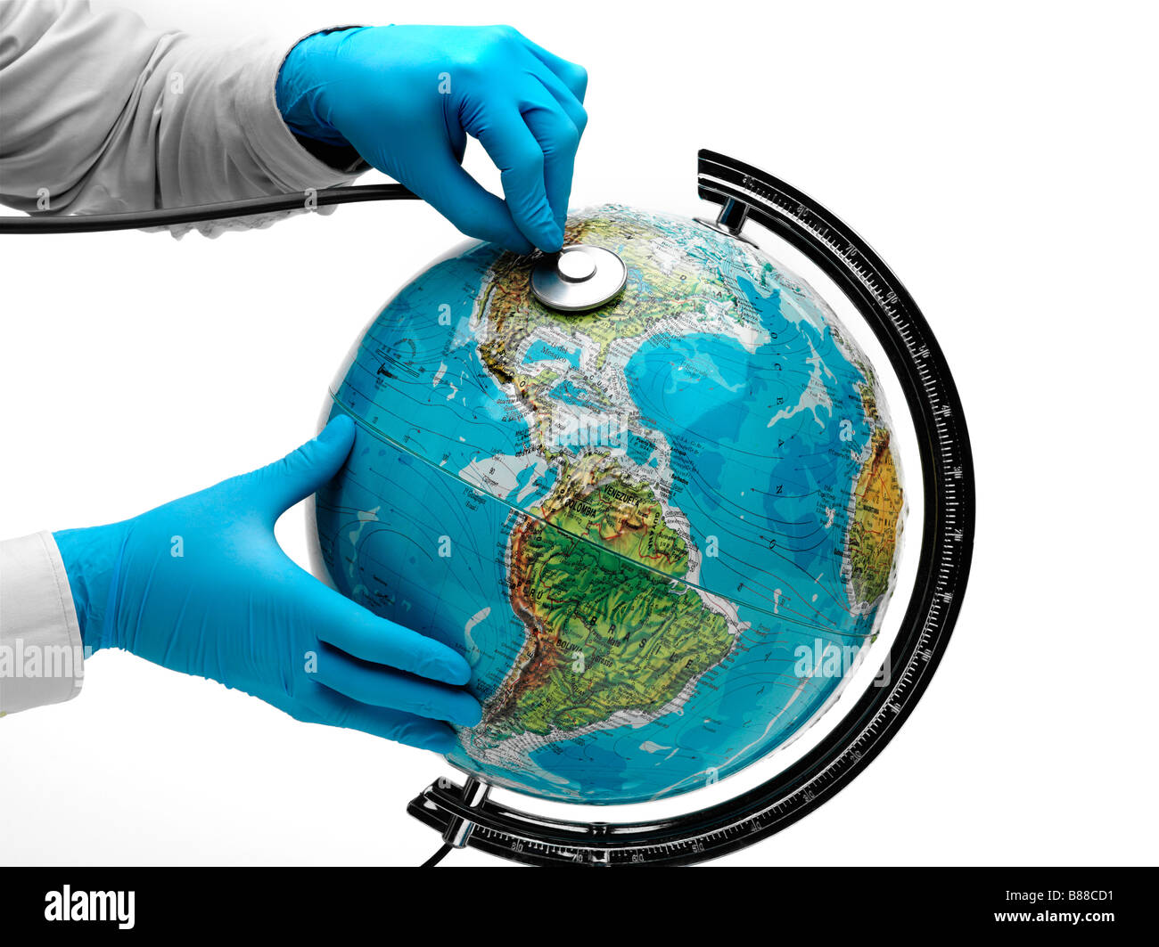 Doctor examine with stetoscope the ill Earth Stock Photo - Alamy