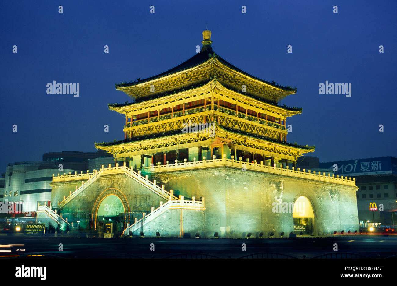 Walled town Bell tower large square watchtower Night Illuminated ...