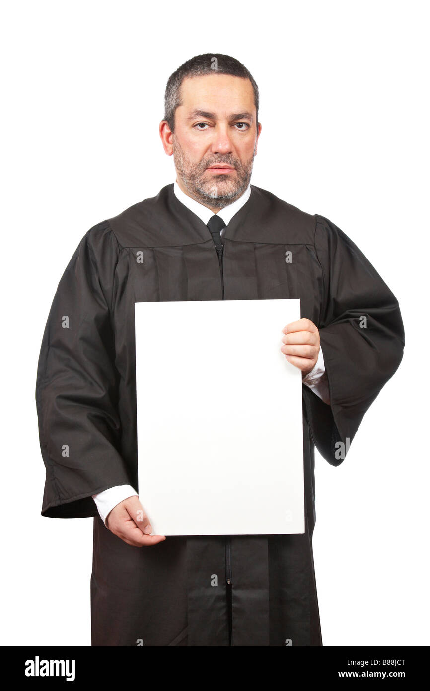 A serious judge holding the blank card isolated on white background ...