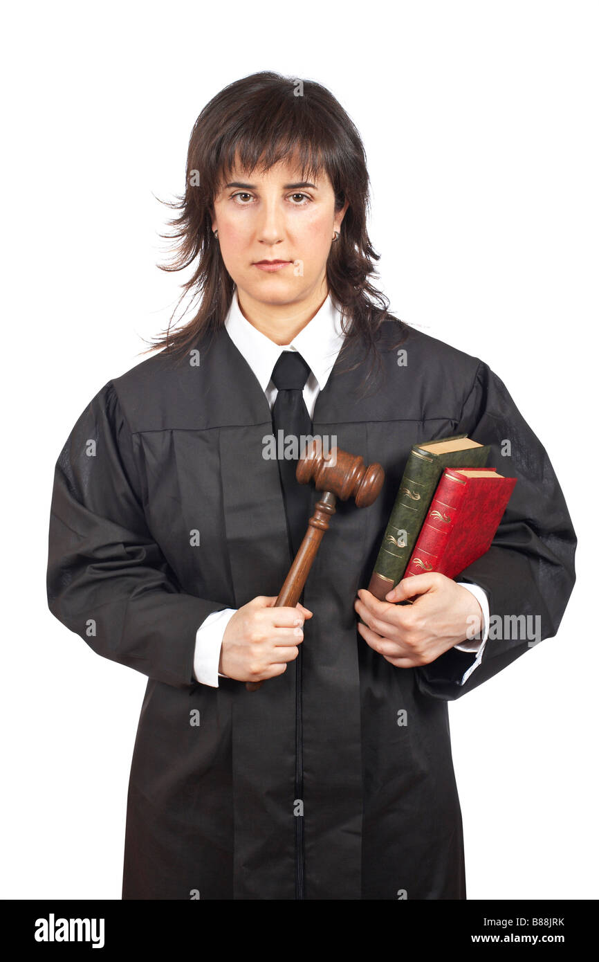 A happy female judge holding the gavel and books Shallow depth of field ...
